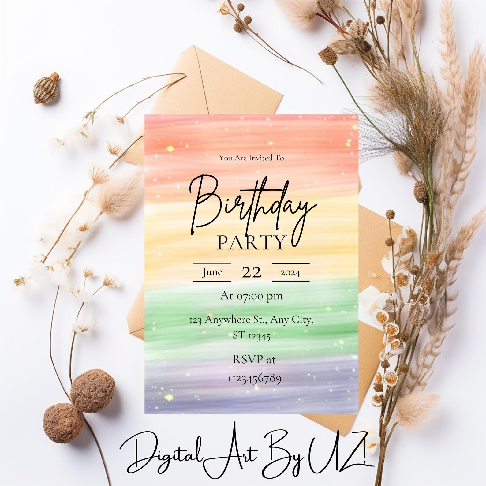 EDITABLE, Rainbow Birthday Invitation, Any Age, Watercolor, Rainbow ...