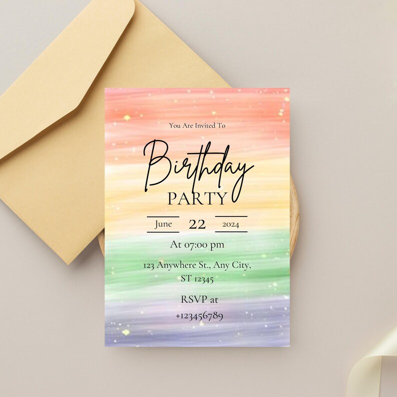 EDITABLE, Rainbow Birthday Invitation, Any Age, Watercolor, Rainbow ...