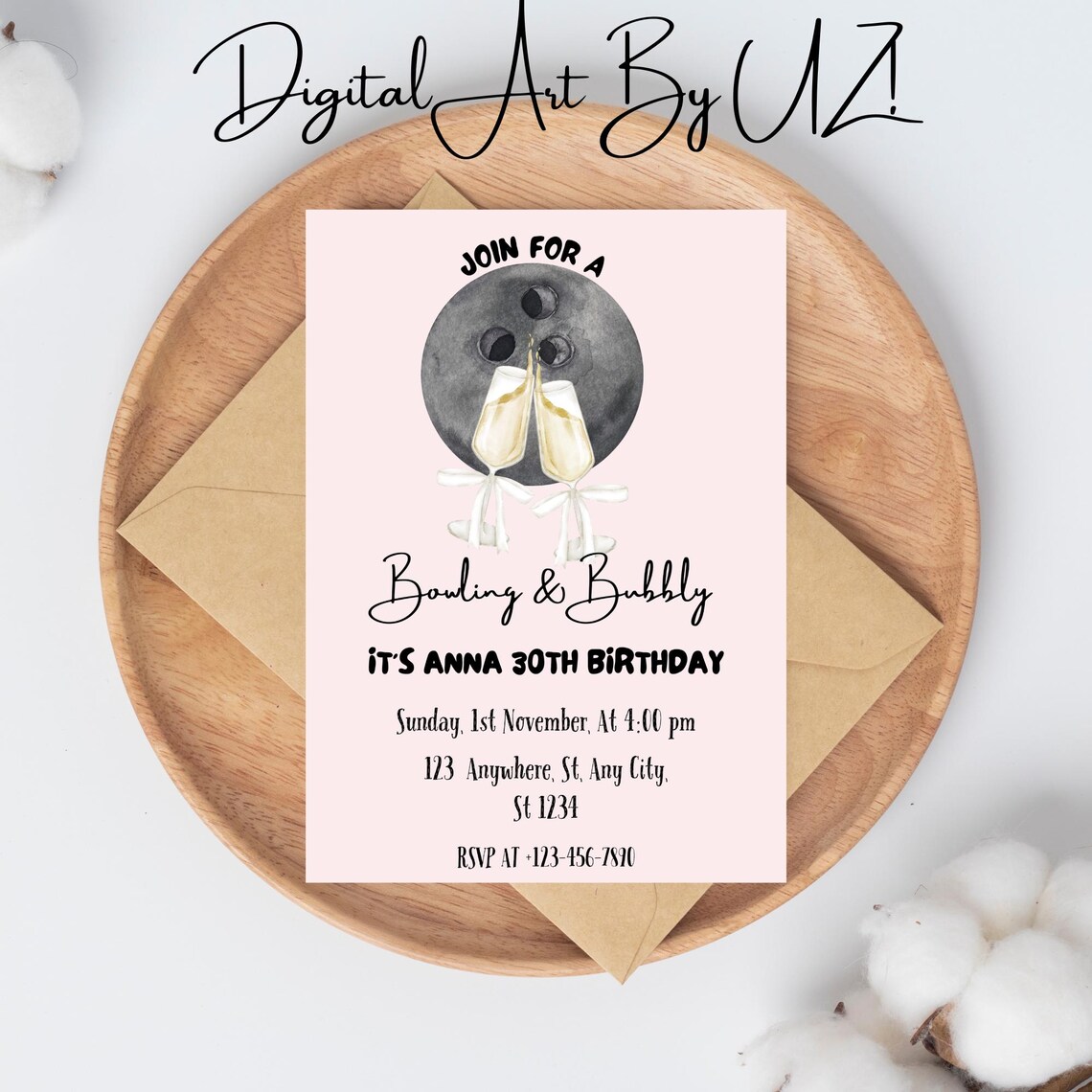 Editable Bowling and Bubbly Adult Birthday Invite Girls Night Out ...