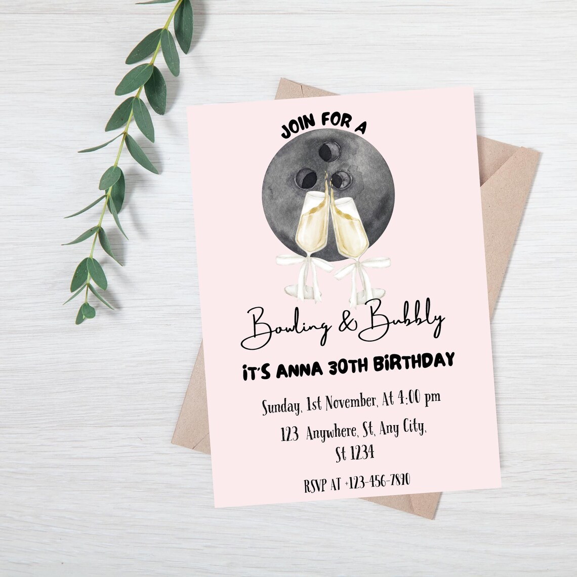 Editable Bowling and Bubbly Adult Birthday Invite Girls Night Out ...