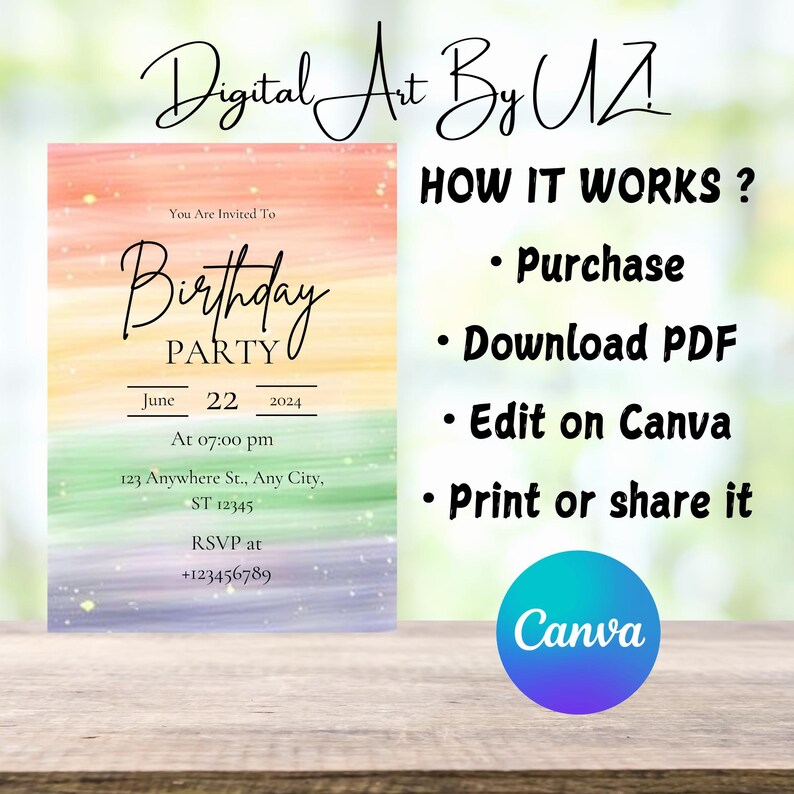 EDITABLE, Rainbow Birthday Invitation, Any Age, Watercolor, Rainbow ...