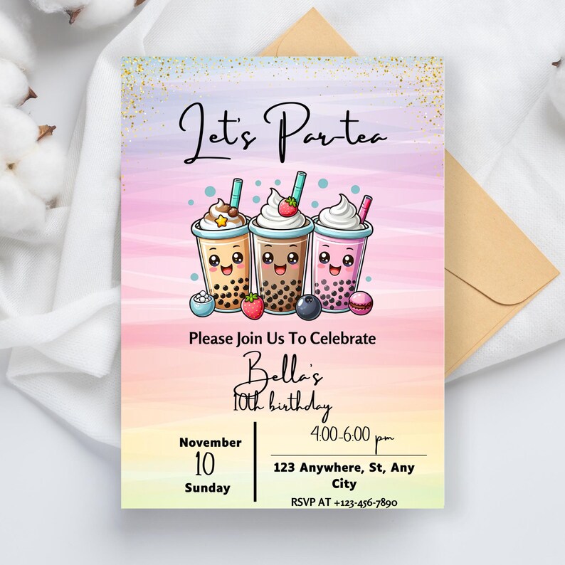 Editable Boba Tea Birthday Invitation Template, Par-tea Invitation, Par ...