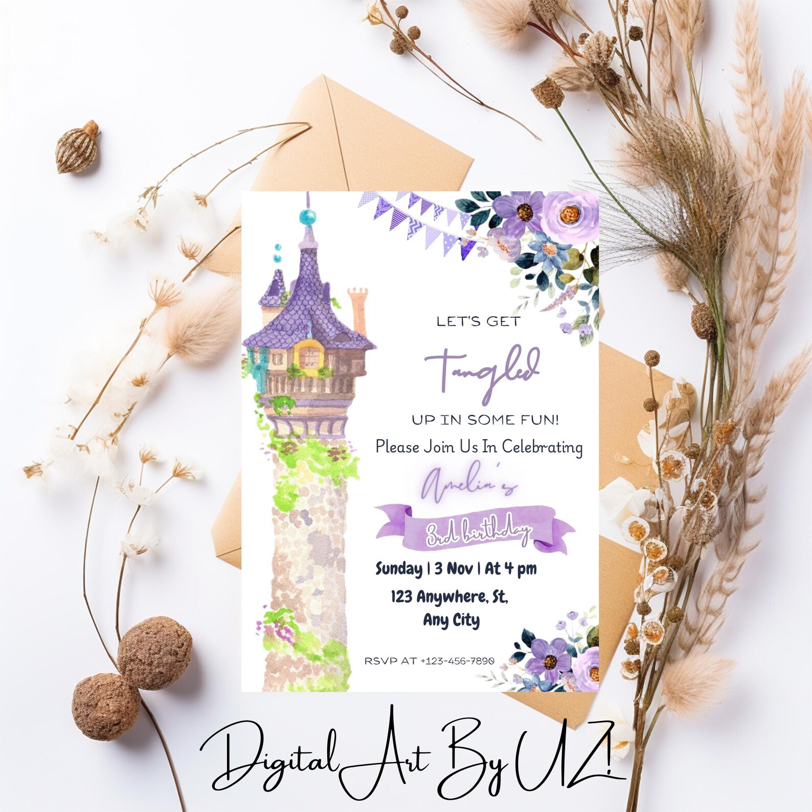 Editable Rapunzel Birthday Invitation Template, Princess Birthday ...