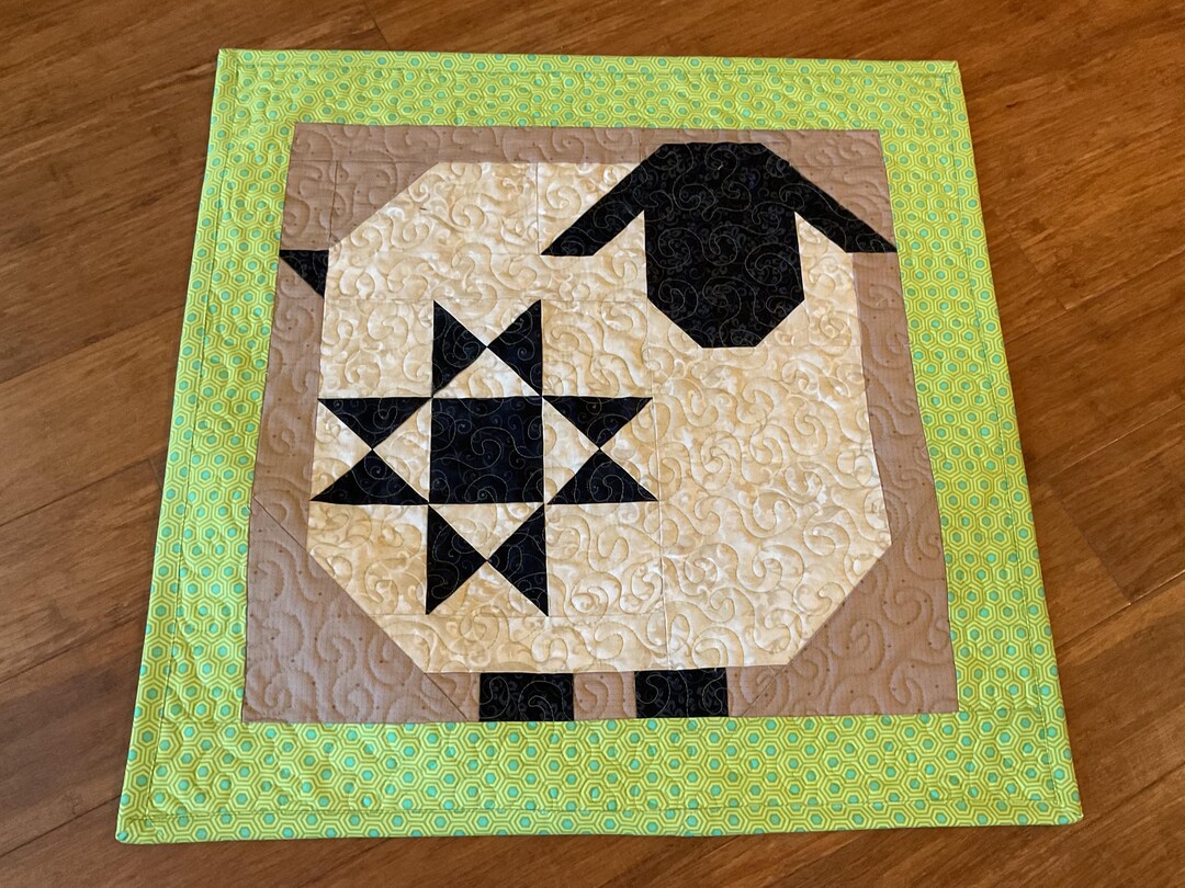 Sheep Table Topper W/lime Green Tula Pink Hexagon Border, 22.5” X 22.5 ...