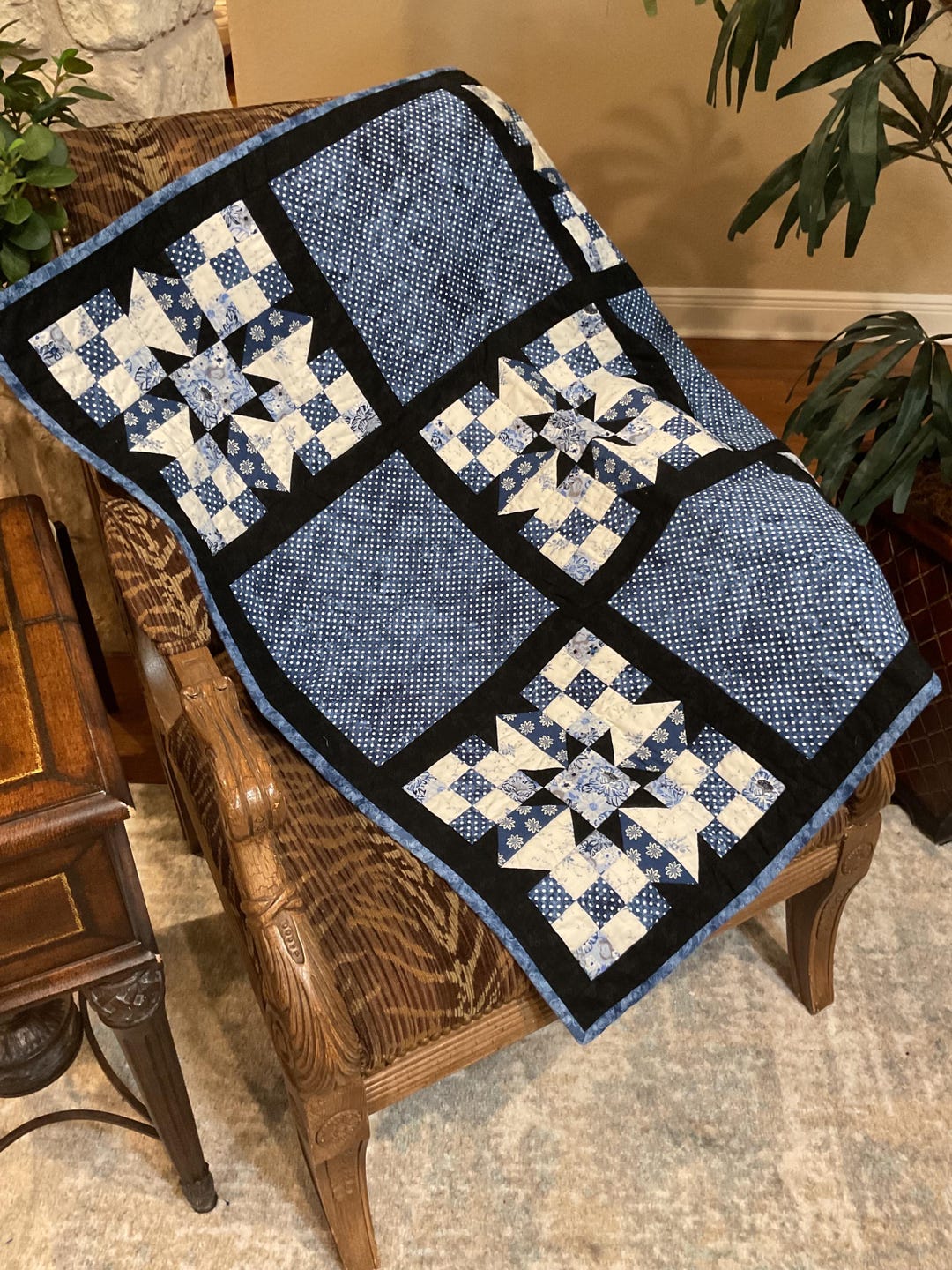 Large Blue Table Topper, Card Table Cover Quilt, 41” X 42” Lightly Hand ...