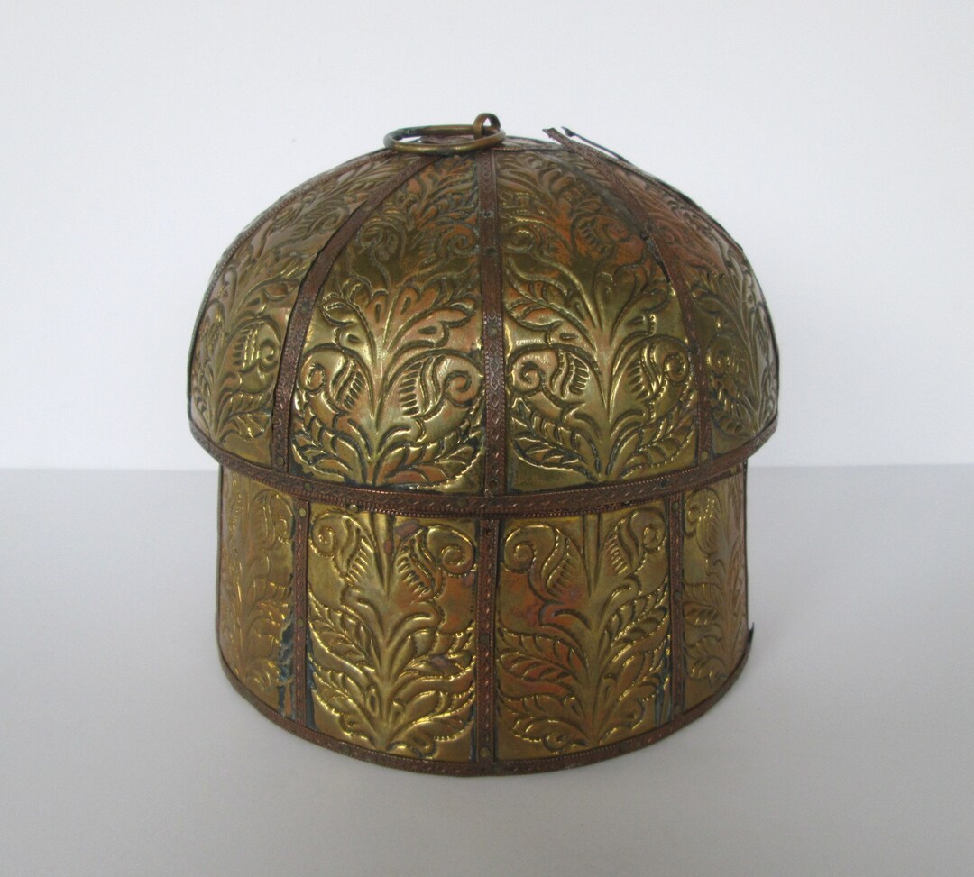 Trinket Treasure Dome Shaped Box - Embossed Brass Copper Covered Wood ...