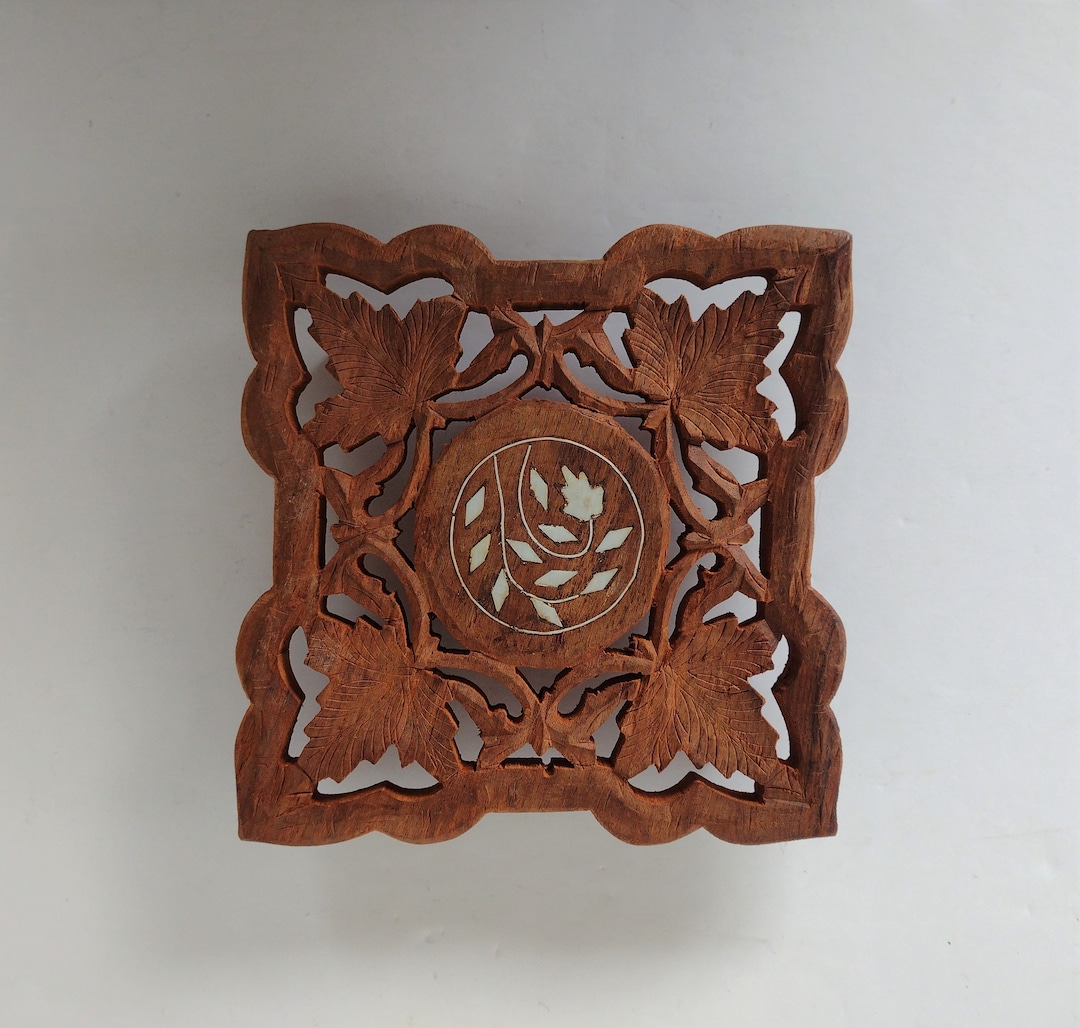 Lovely Carved Wood Trivet With Inlay - Etsy