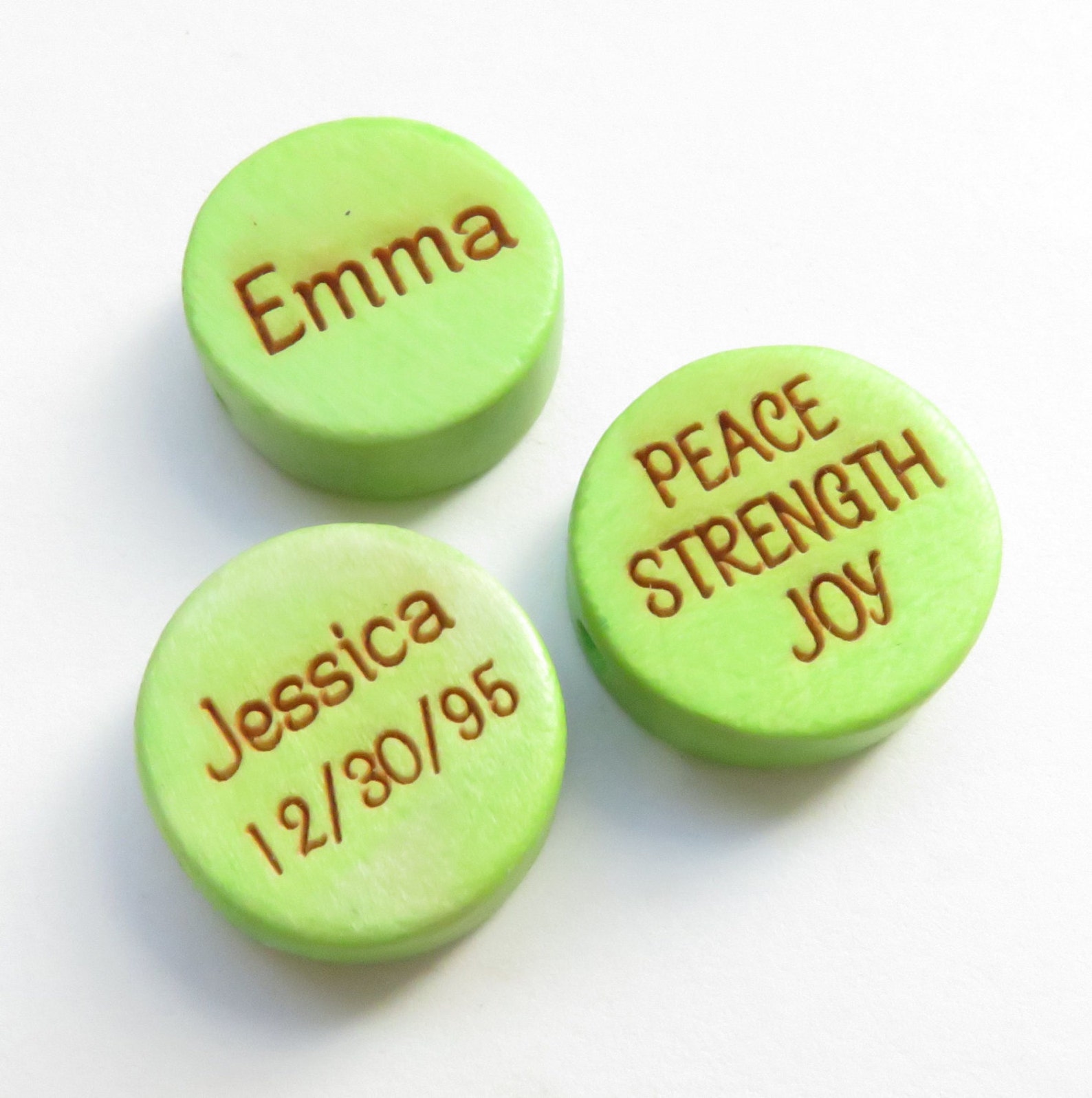 15mm - Bright Lime Green Flat Round Coin Wood Beads - Custom Engraved ...
