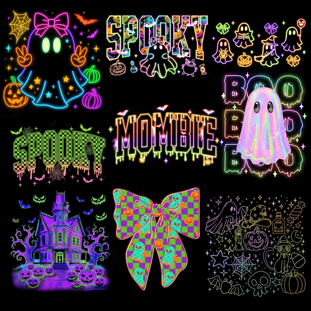 9 Neon Halloween Bundle PNG, Spooky Ghost Sublimation, Creepy Cute ...