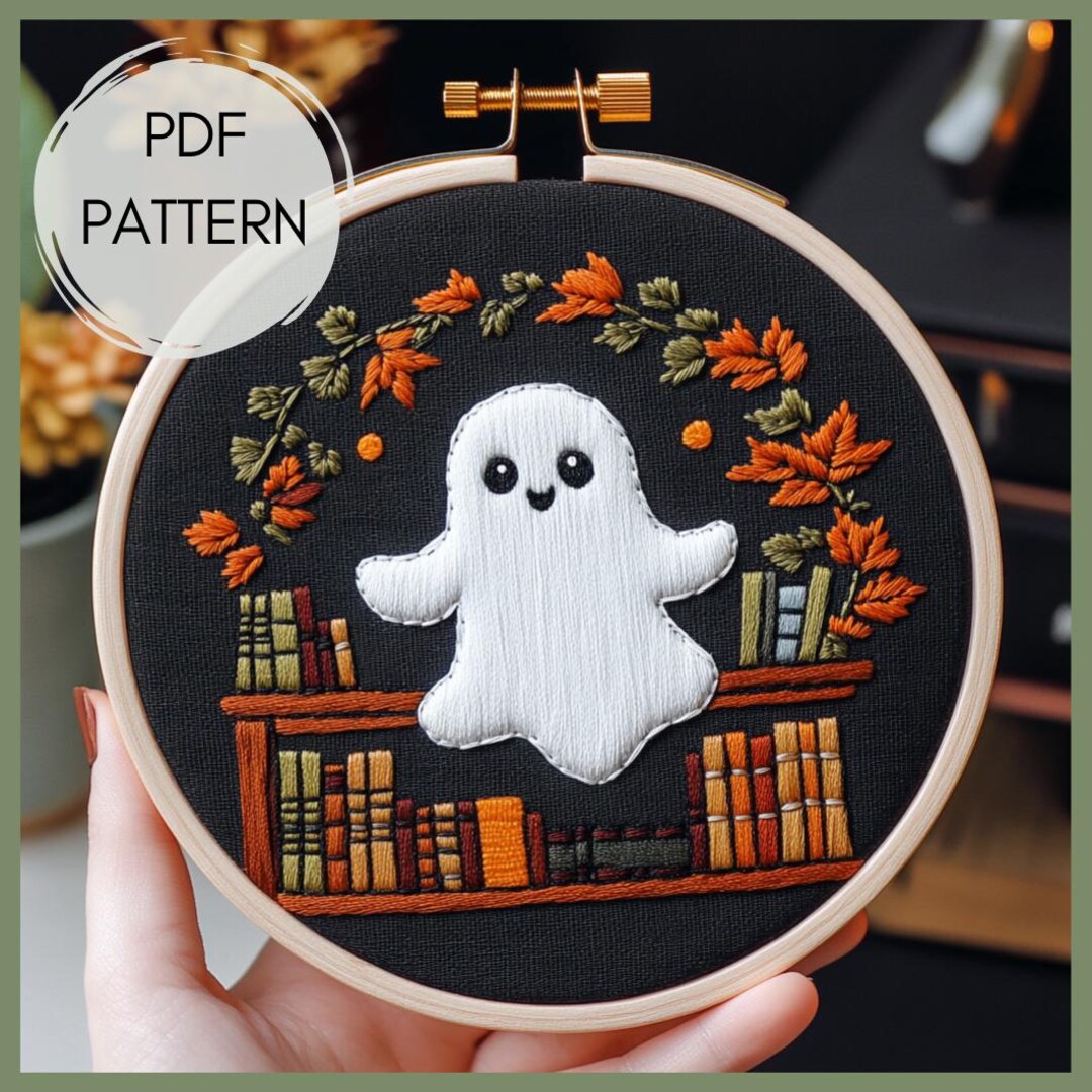 Cute Ghost Hand Embroidery Pattern, Spooky Halloween Needlepoint Design ...
