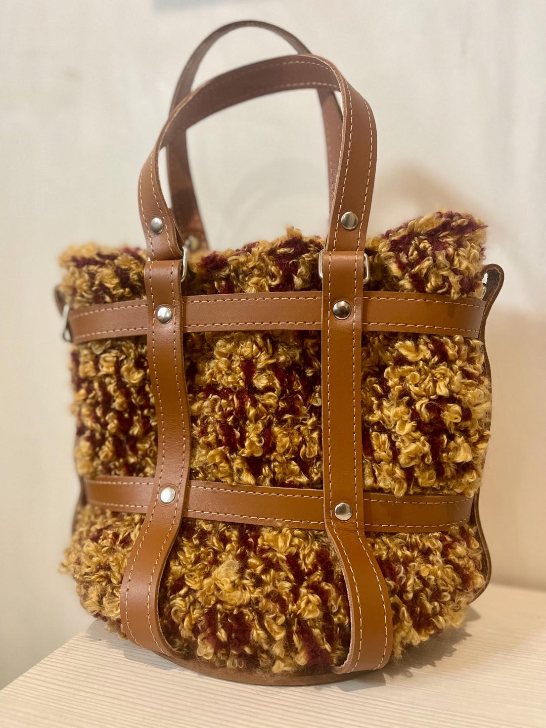 Knitted Bouclé Yarn Bag, Leather Portmanteau Bag, Handmade Bouclé Yarn ...
