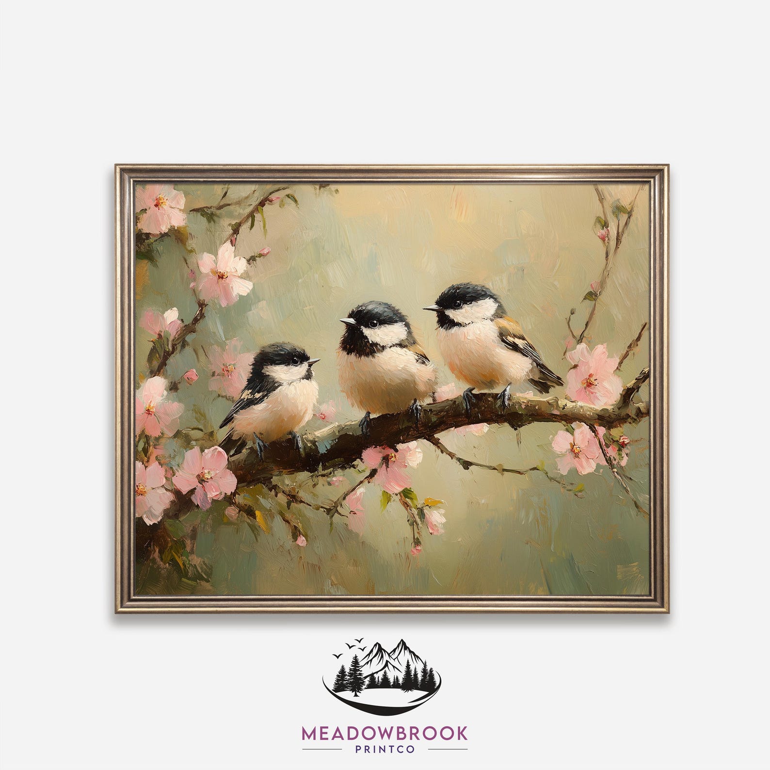 Chickadees on Blooming Cherry Branch - Delicate Spring Nature Art ...
