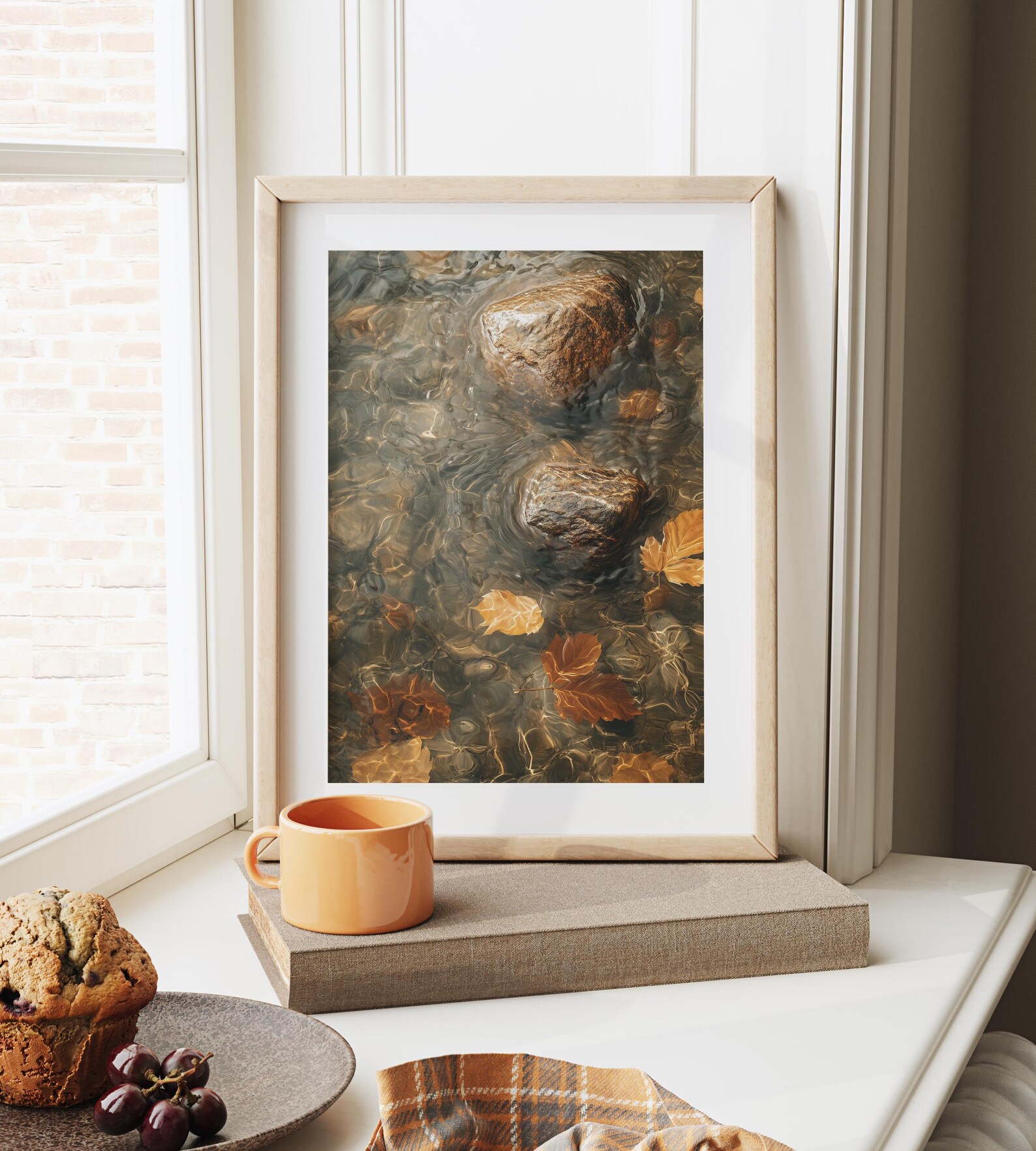 Autumn River Rocks and Water Ripples Art Rustic Fall Cottagecore Scene ...
