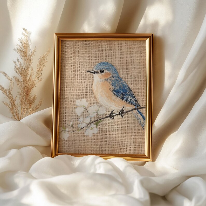 Bluebird on Burlap Art Print - Rustic Bird Wall Art, Neutral Farmhouse ...