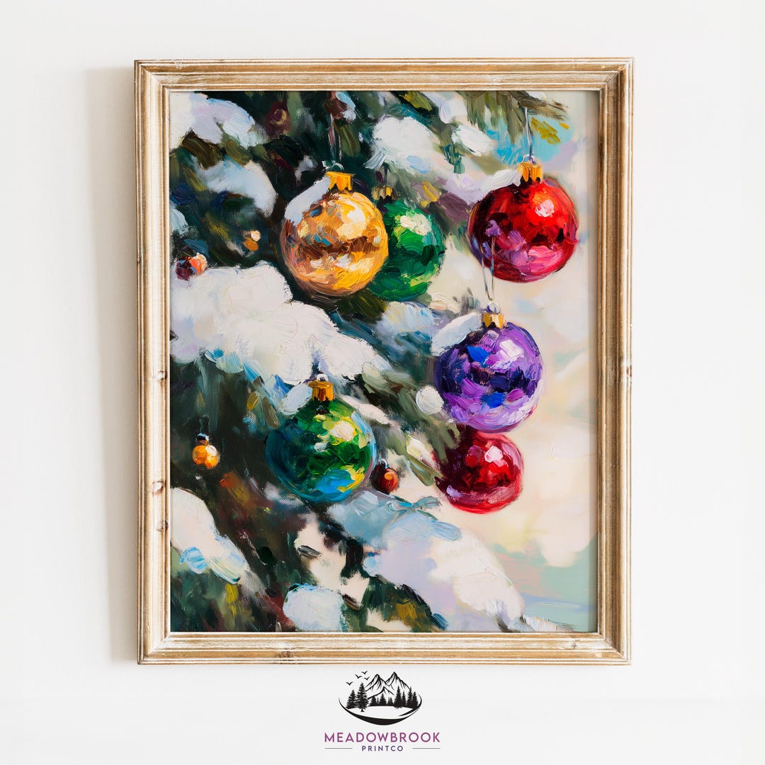 Christmas Ornaments on Snowy Tree Art Print - Rustic Holiday Wall Art ...