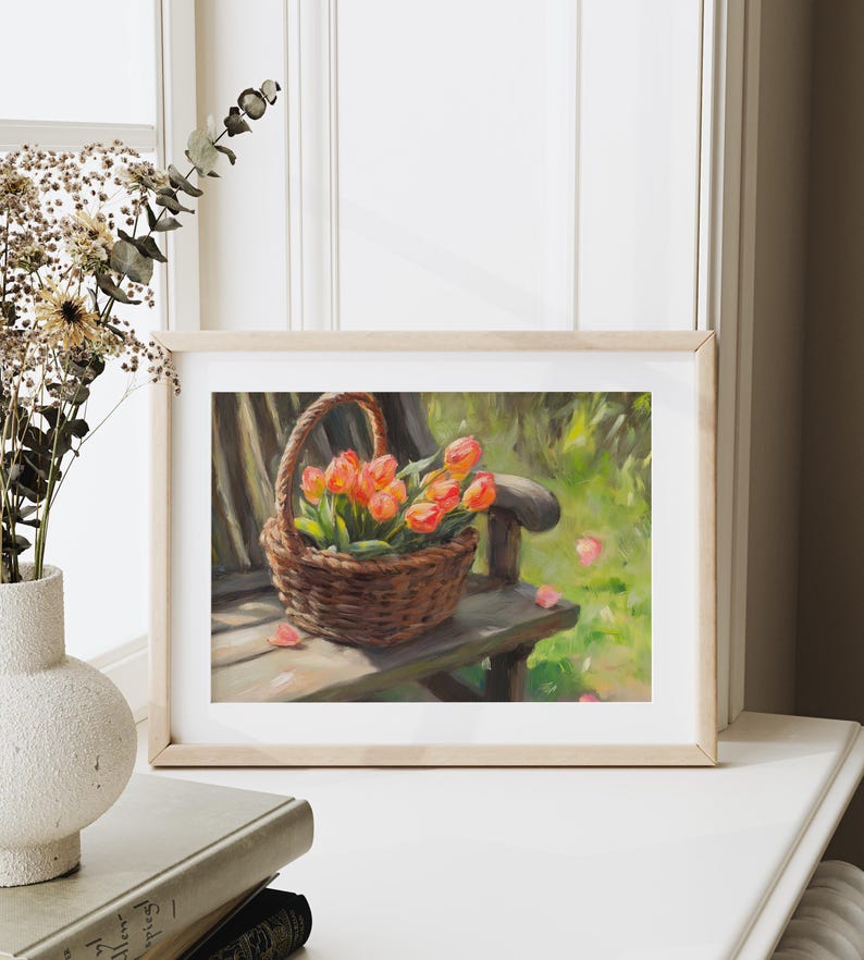 Wicker Basket With Fresh Tulips - Spring Floral Printable, Easter Wall ...
