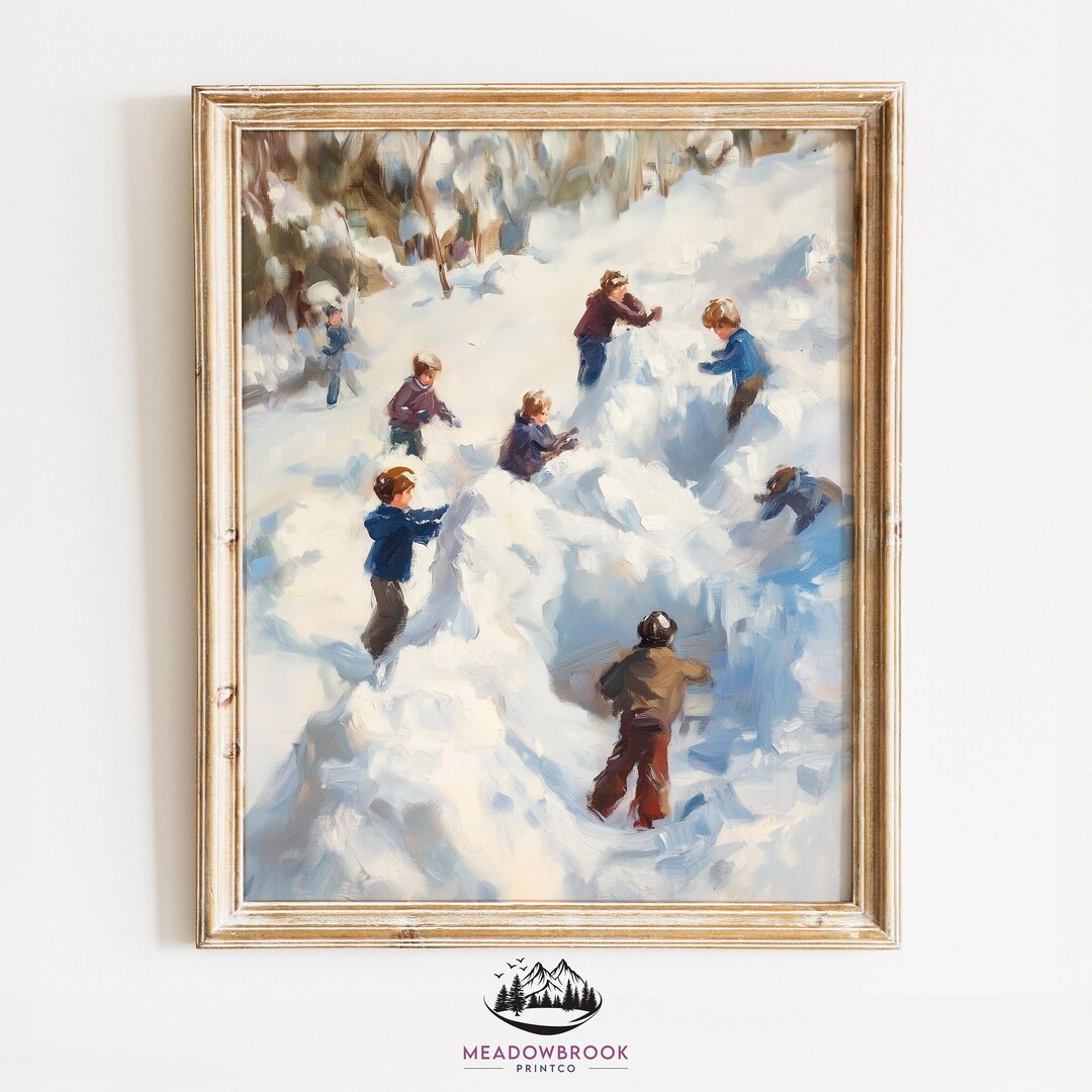 Children Building Snow Forts Winter Art - Rustic Christmas Cottagecore ...