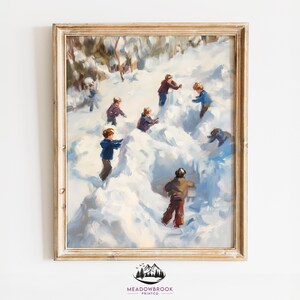 Children Building Snow Forts Winter Art - Rustic Christmas Cottagecore ...