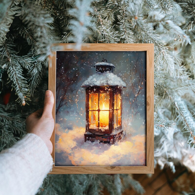 Rustic Christmas Lantern Wall Art - Cozy Winter Cottage Decor, Snowy ...