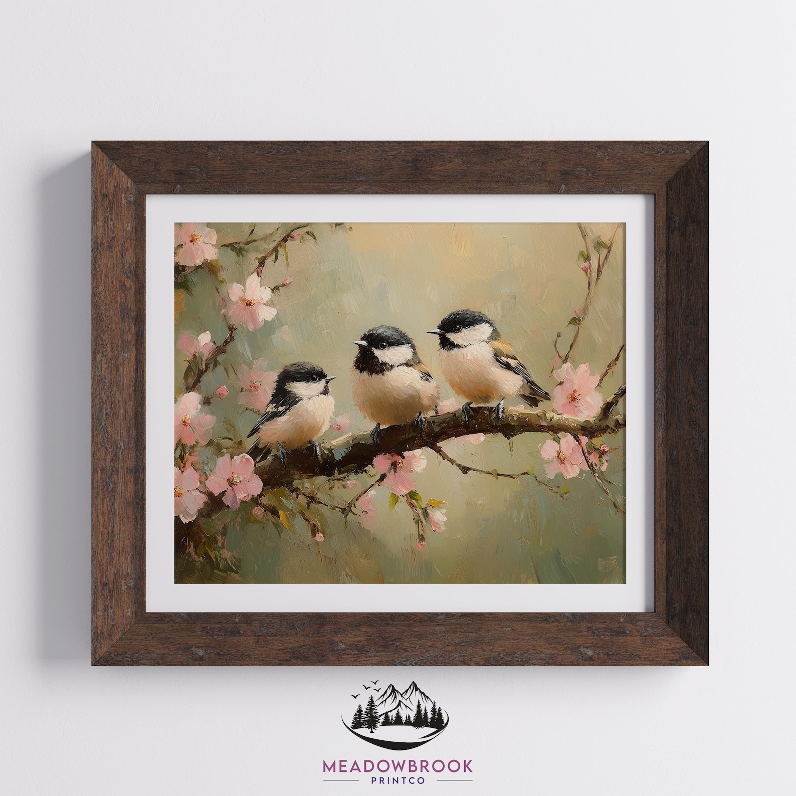 Chickadees on Blooming Cherry Branch - Delicate Spring Nature Art ...
