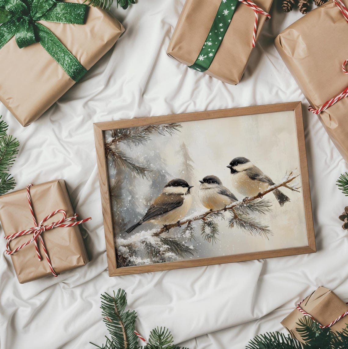 Chickadees Perched on Snowy Pine Branches - Peaceful Vintage Christmas ...
