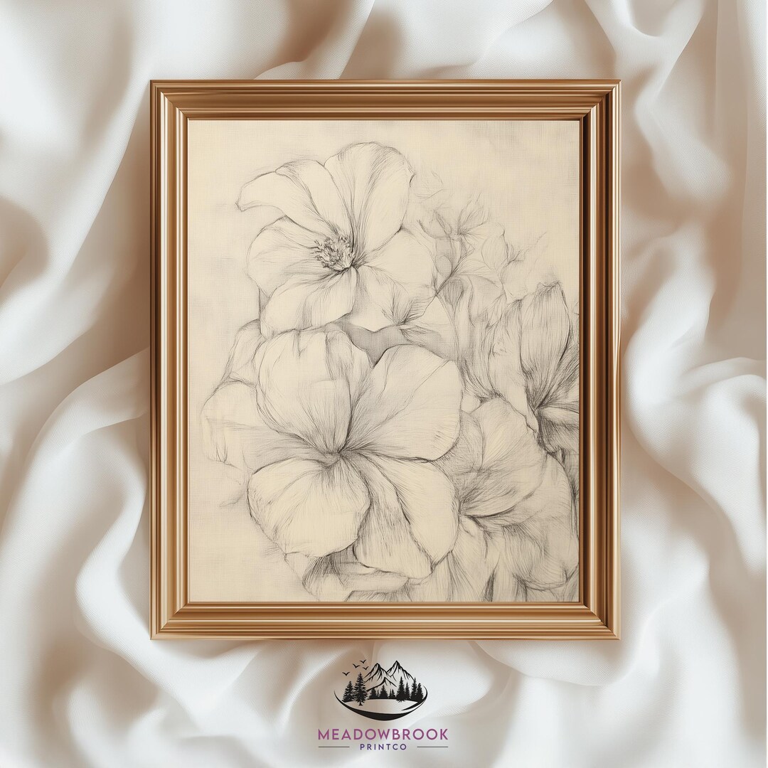 Neutral Flower Pencil Drawing - Rustic Burlap Background Art, Vintage ...