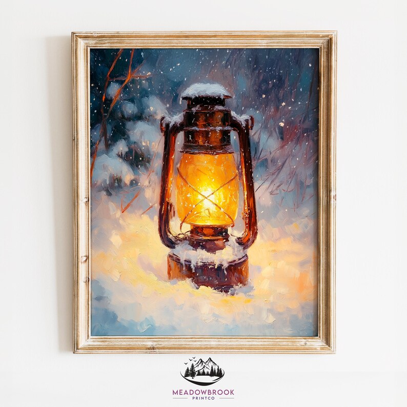 Christmas Lantern Art Printable Vintage Winter Lantern Wall Art, Rustic ...