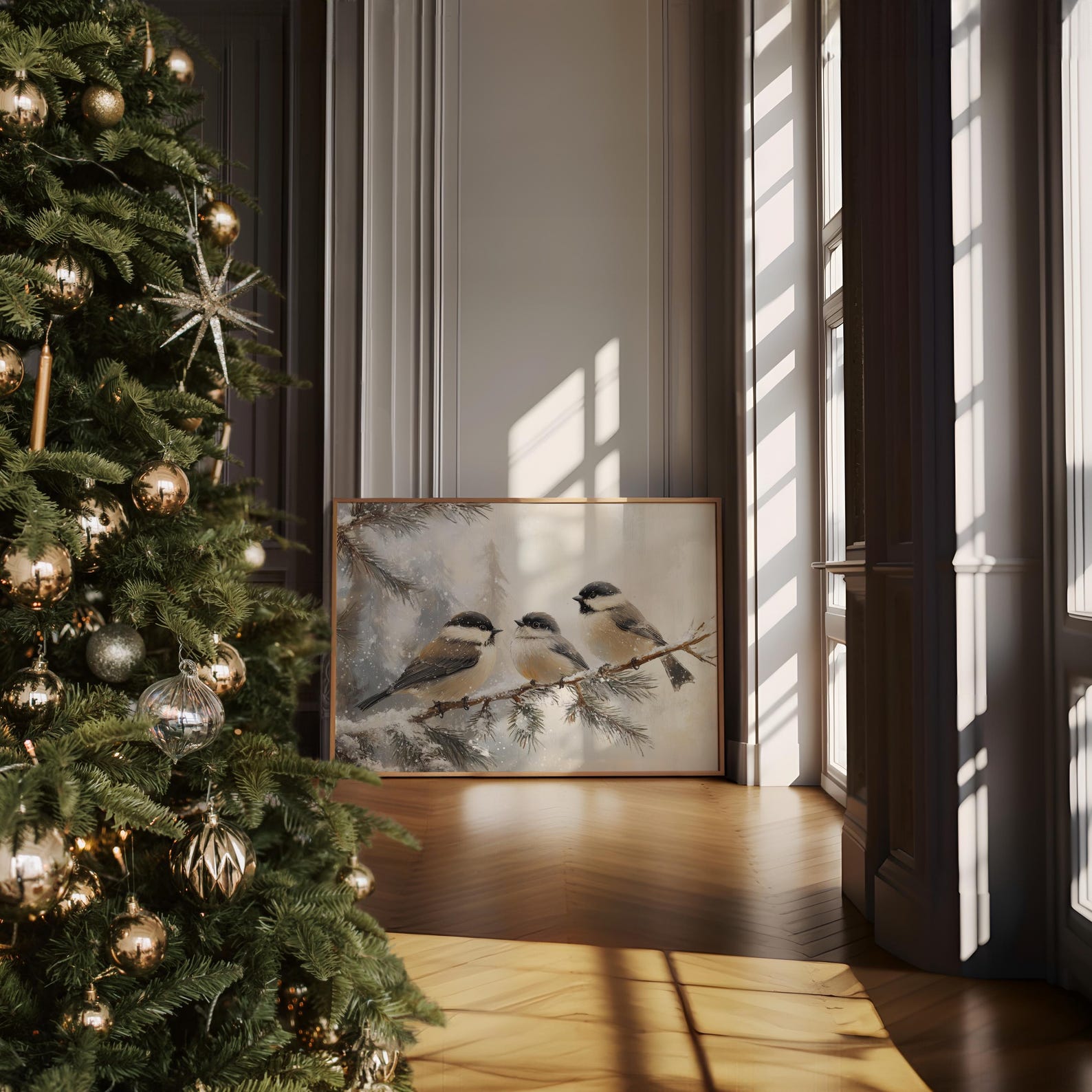 Chickadees Perched on Snowy Pine Branches - Peaceful Vintage Christmas ...