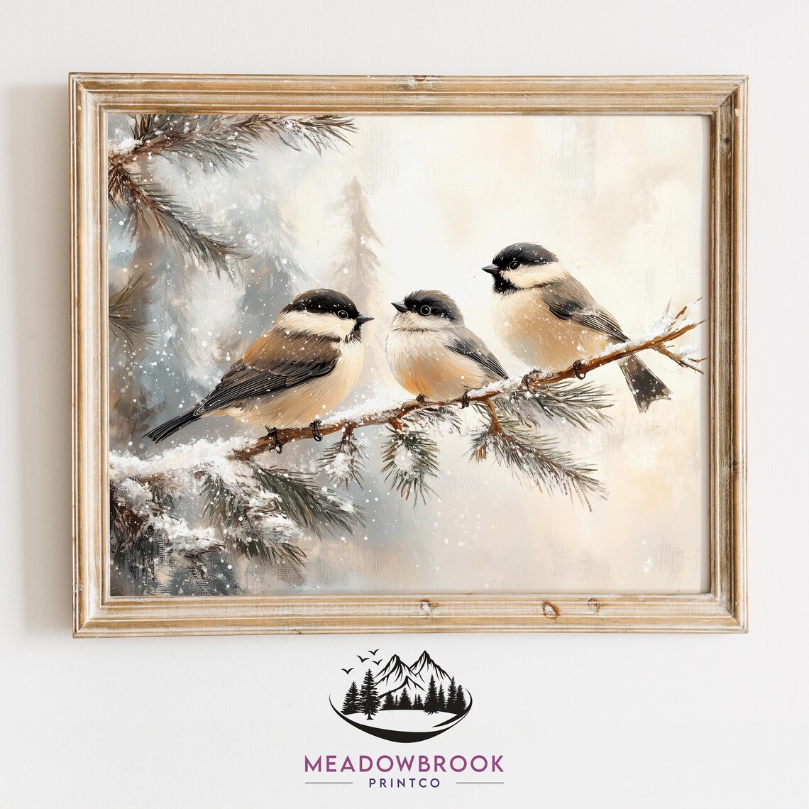 Chickadees Perched on Snowy Pine Branches - Peaceful Vintage Christmas ...