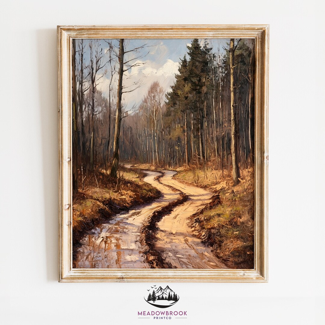 Printable Oil Painting of Muddy Woodland Path - Early Spring Landscape ...
