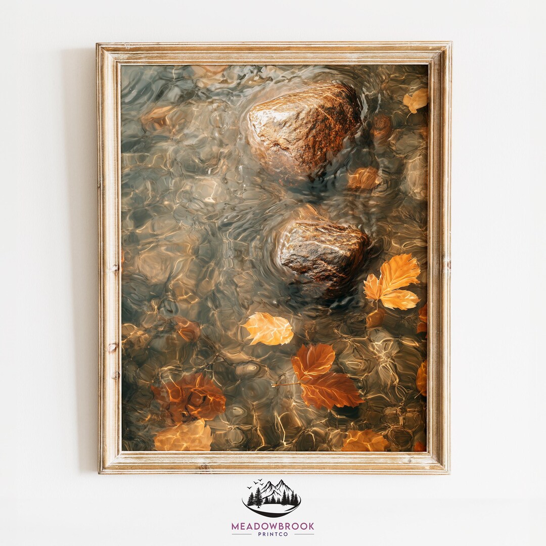 Autumn River Rocks and Water Ripples Art Rustic Fall Cottagecore Scene ...