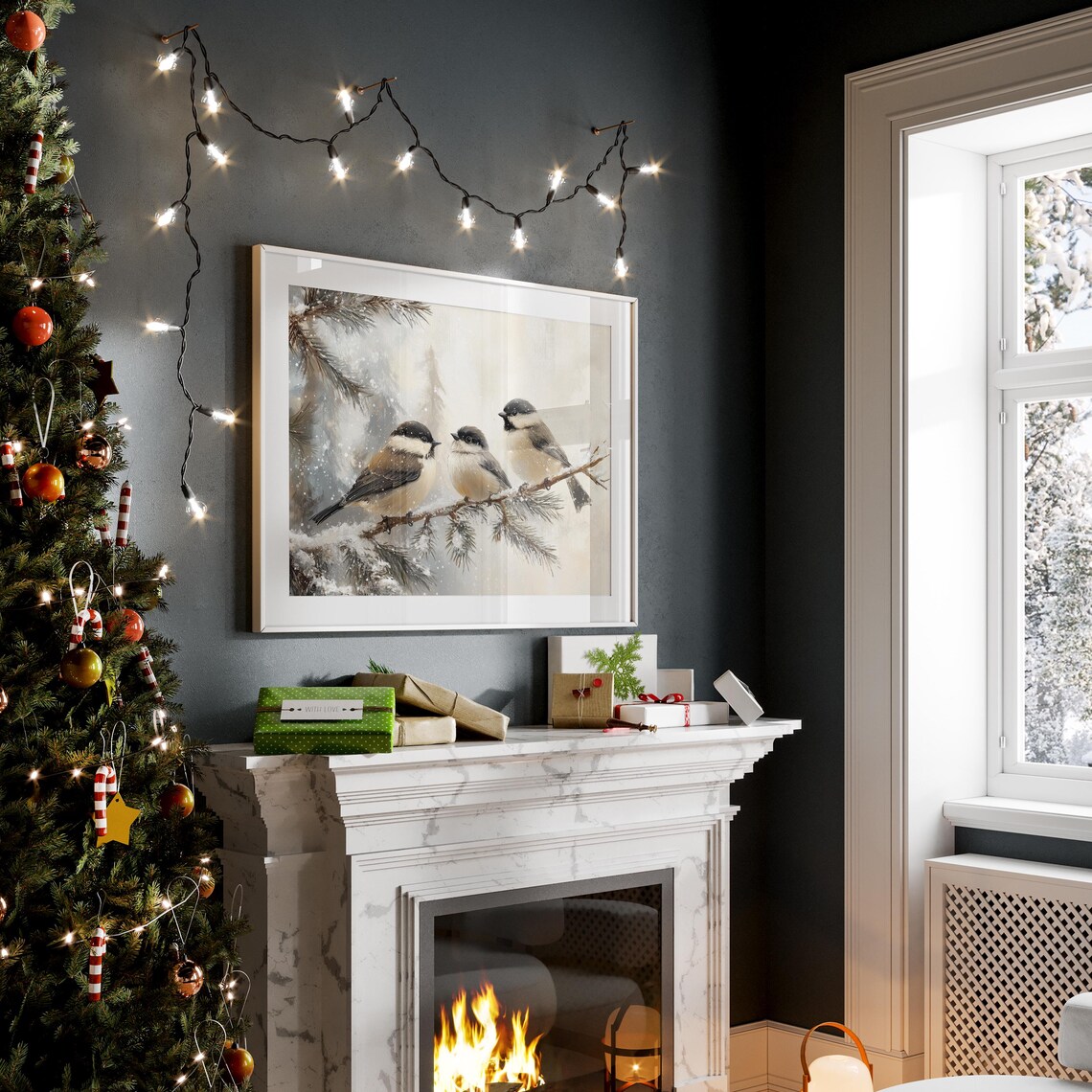 Chickadees Perched on Snowy Pine Branches - Peaceful Vintage Christmas ...