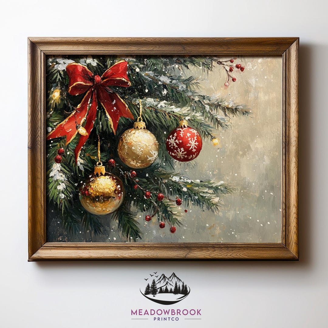 Festive Red and Gold Christmas Tree Decorations - Rustic Holiday Wall ...