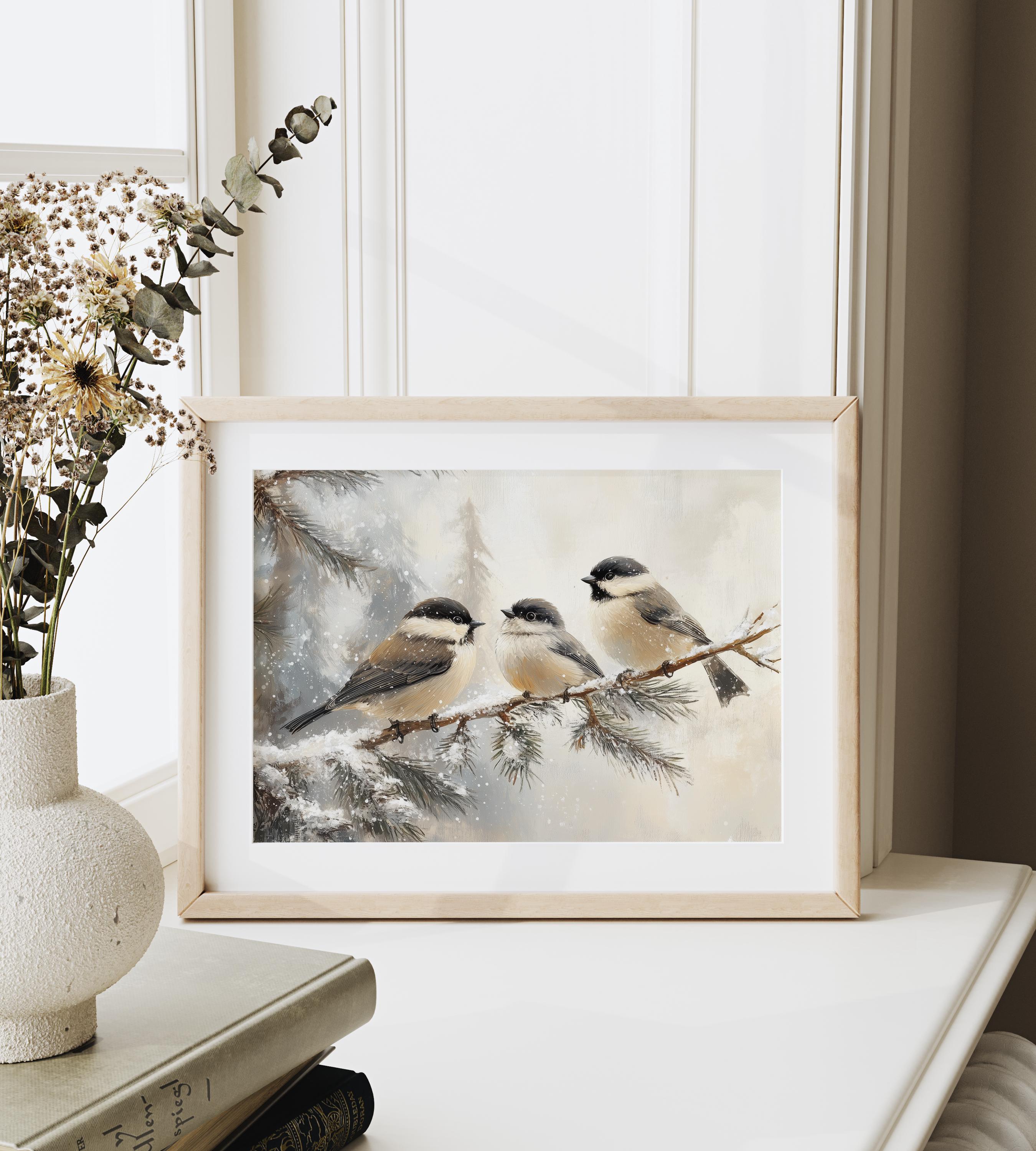 Chickadees Perched on Snowy Pine Branches - Peaceful Vintage Christmas ...