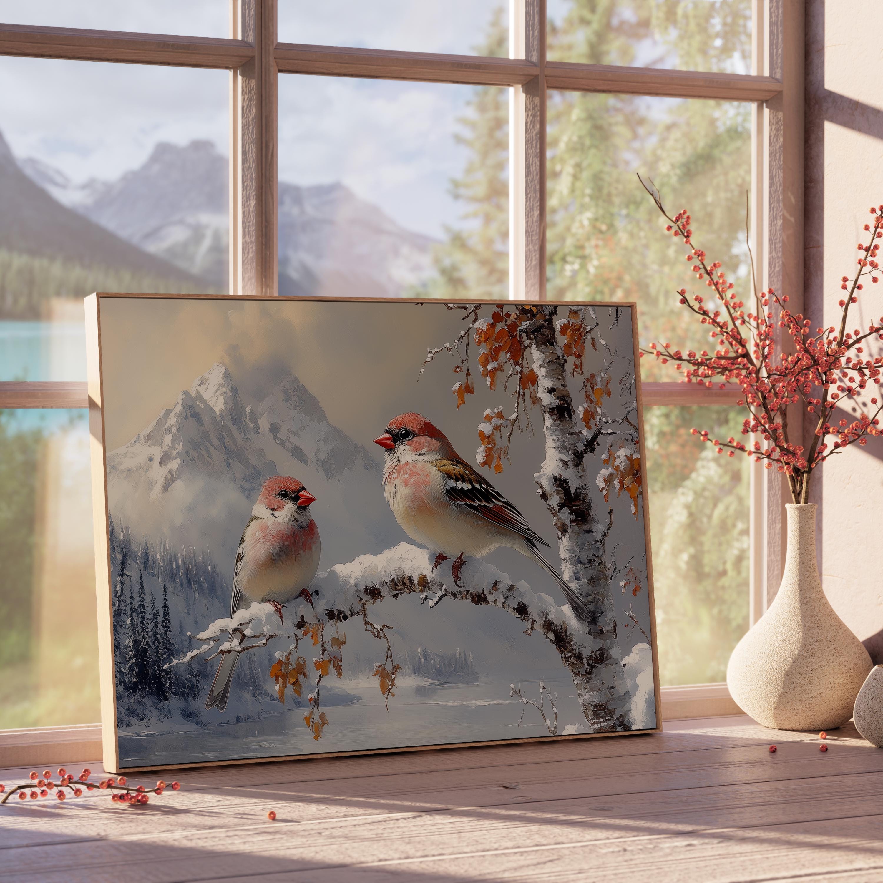 Lovely House Finches Pair on Snowy Branch Winter Painting Printable ...