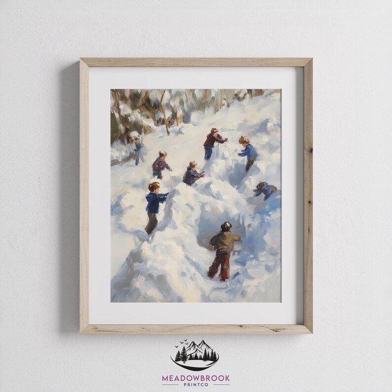 Children Building Snow Forts Winter Art - Rustic Christmas Cottagecore ...