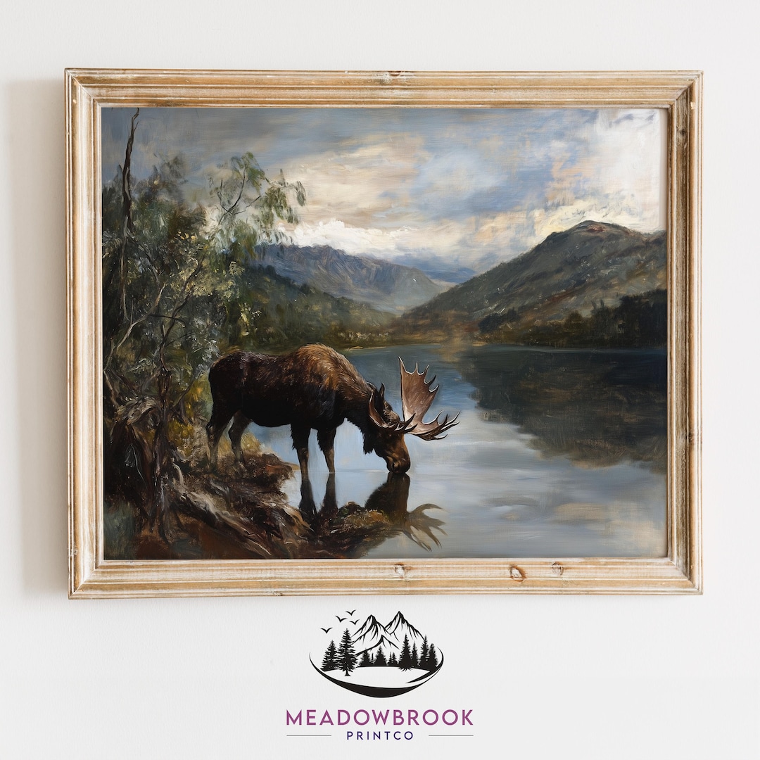Moose Drinking From Mountain Lake Painting - Rustic Wilderness Art ...