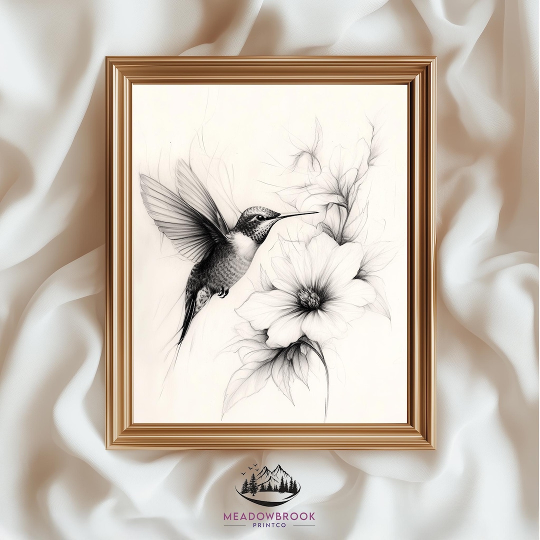 Hummingbird Pencil Drawing Printable - Whimsical Bird Wall Art, Rustic ...
