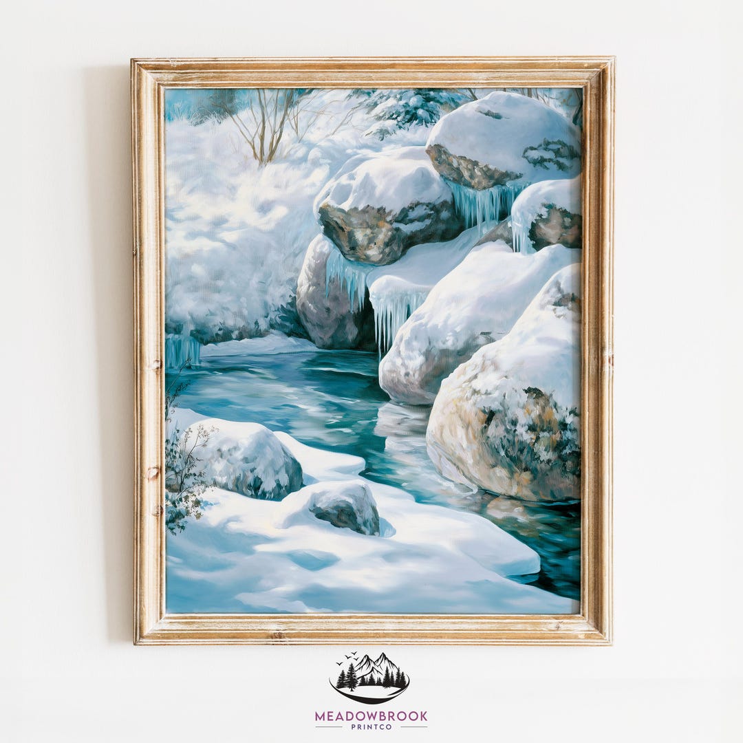 Snow-covered Rocks in Frozen Stream Art - Rustic Winter Cottagecore ...