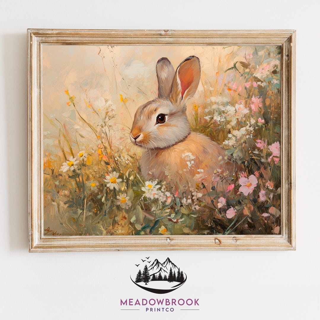 Spring Bunny in Meadow Print, Easter Rabbit Painting, Vintage ...