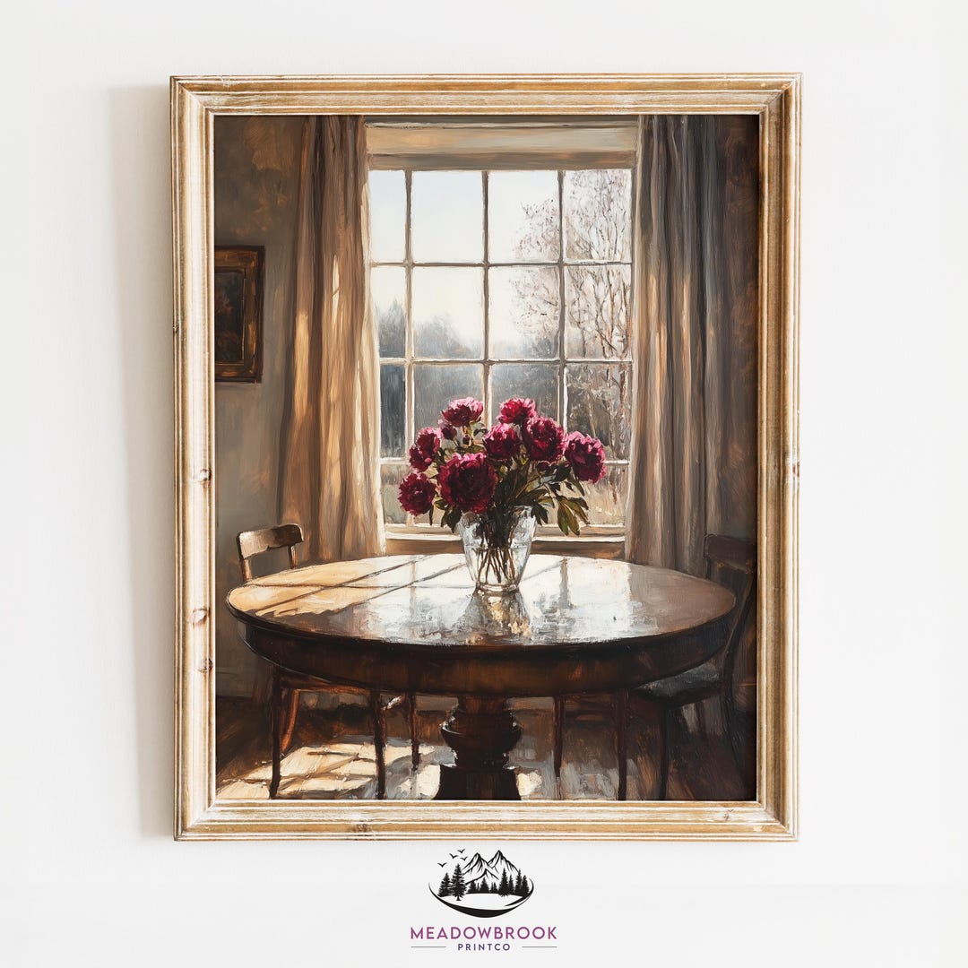 Rich Dining Table Scene Oil Painting - Rustic Farmhouse Decor, Elegant ...