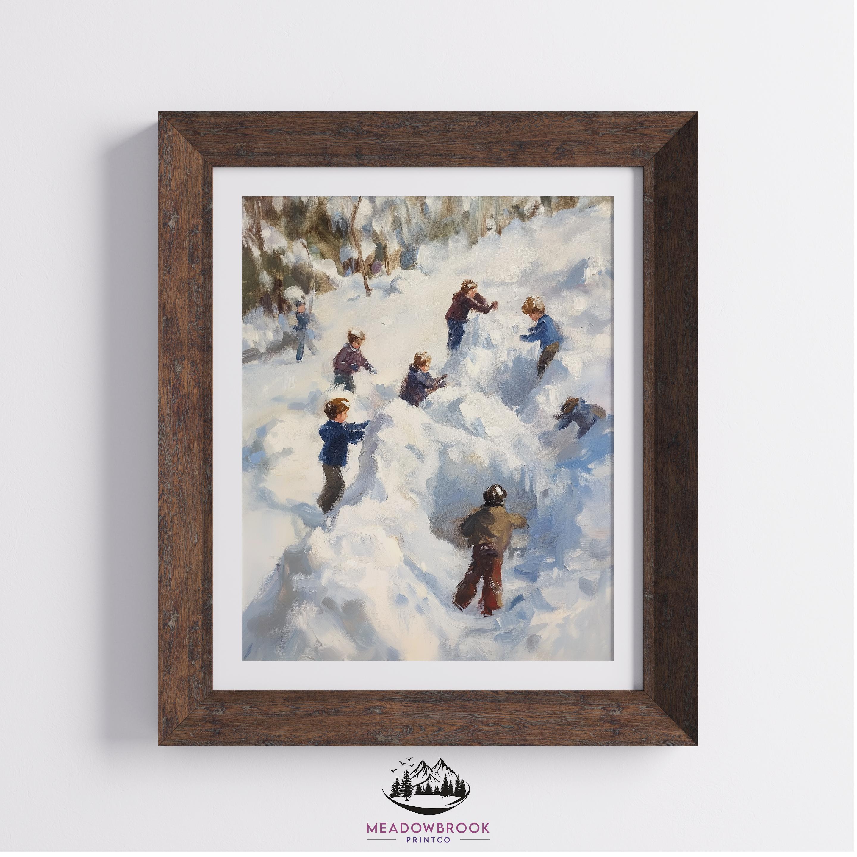 Children Building Snow Forts Winter Art - Rustic Christmas Cottagecore ...