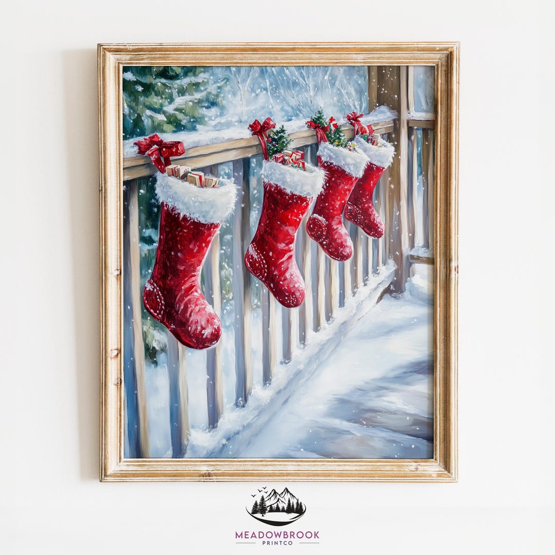 Christmas Stockings on Snowy Porch Rail Rustic Holiday Wall Art ...