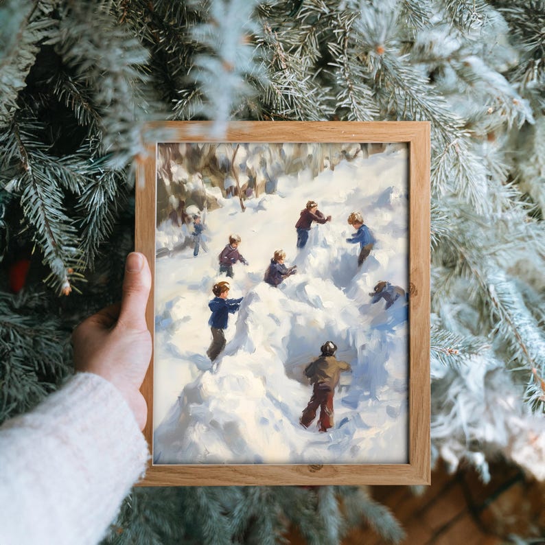 Children Building Snow Forts Winter Art - Rustic Christmas Cottagecore ...