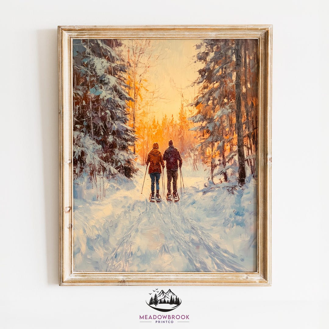 Winter Snowshoeing Scene Art Print Vintage Christmas Forest Art, Rustic ...