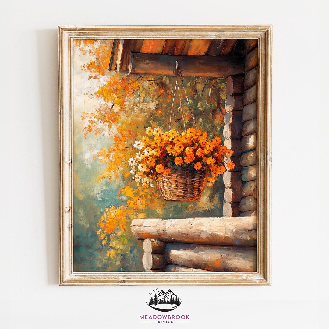 Log Cabin Porch With Railing Art, Rustic Autumn Cottage Scene, Cozy ...