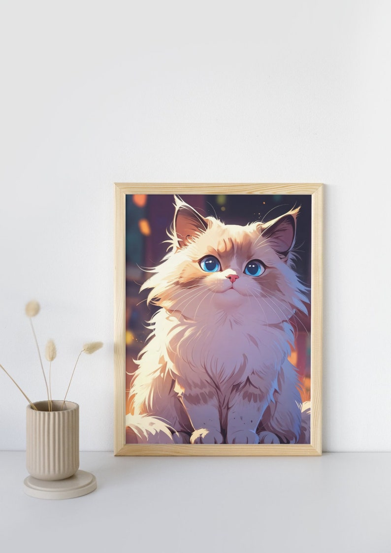 Printable Cute Cat Illustration Fluffy Blue-eyed Cat A4/A3 Digital Art ...