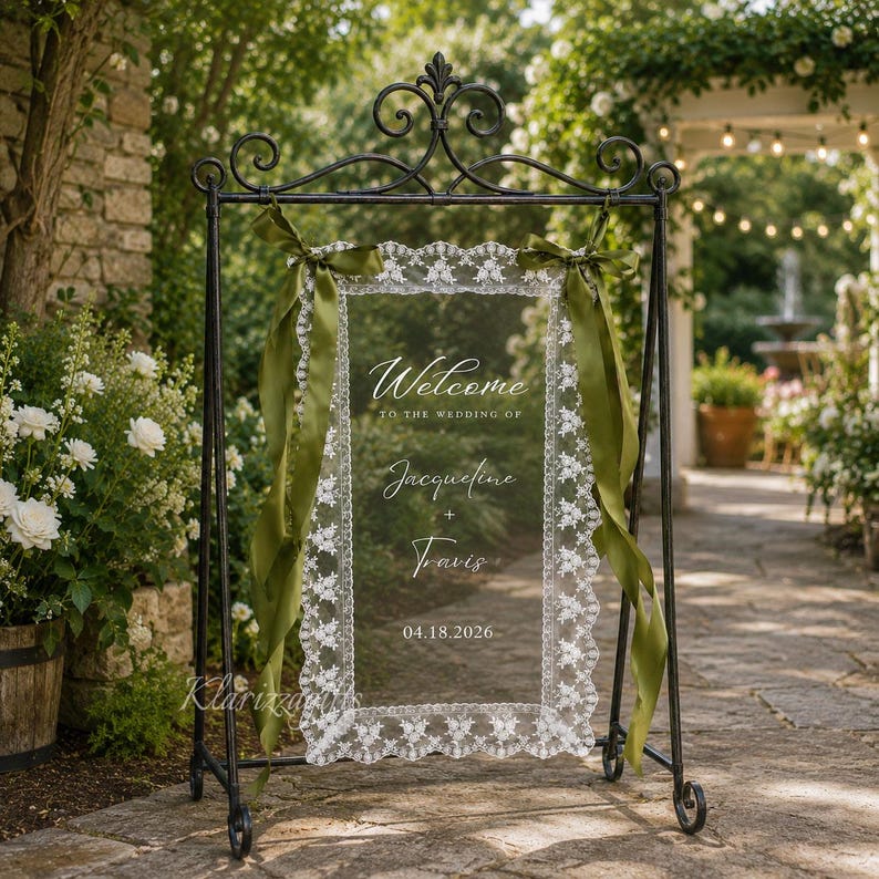 Romantic Sheer Lace Welcome Sign, Vintage Fabric Wedding Sign, Wedding ...
