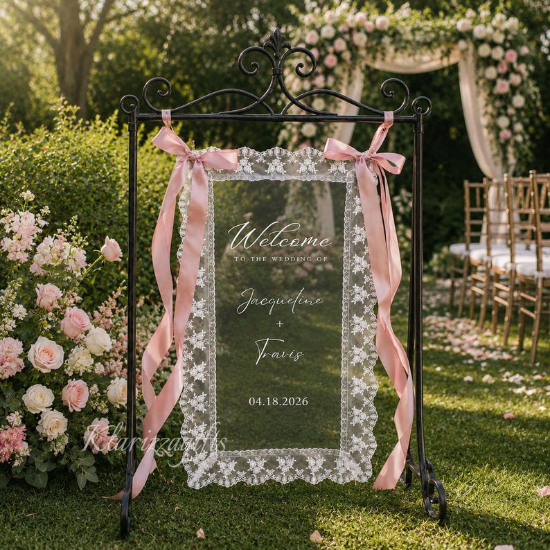 Romantic Sheer Lace Welcome Sign, Vintage Fabric Wedding Sign, Wedding ...