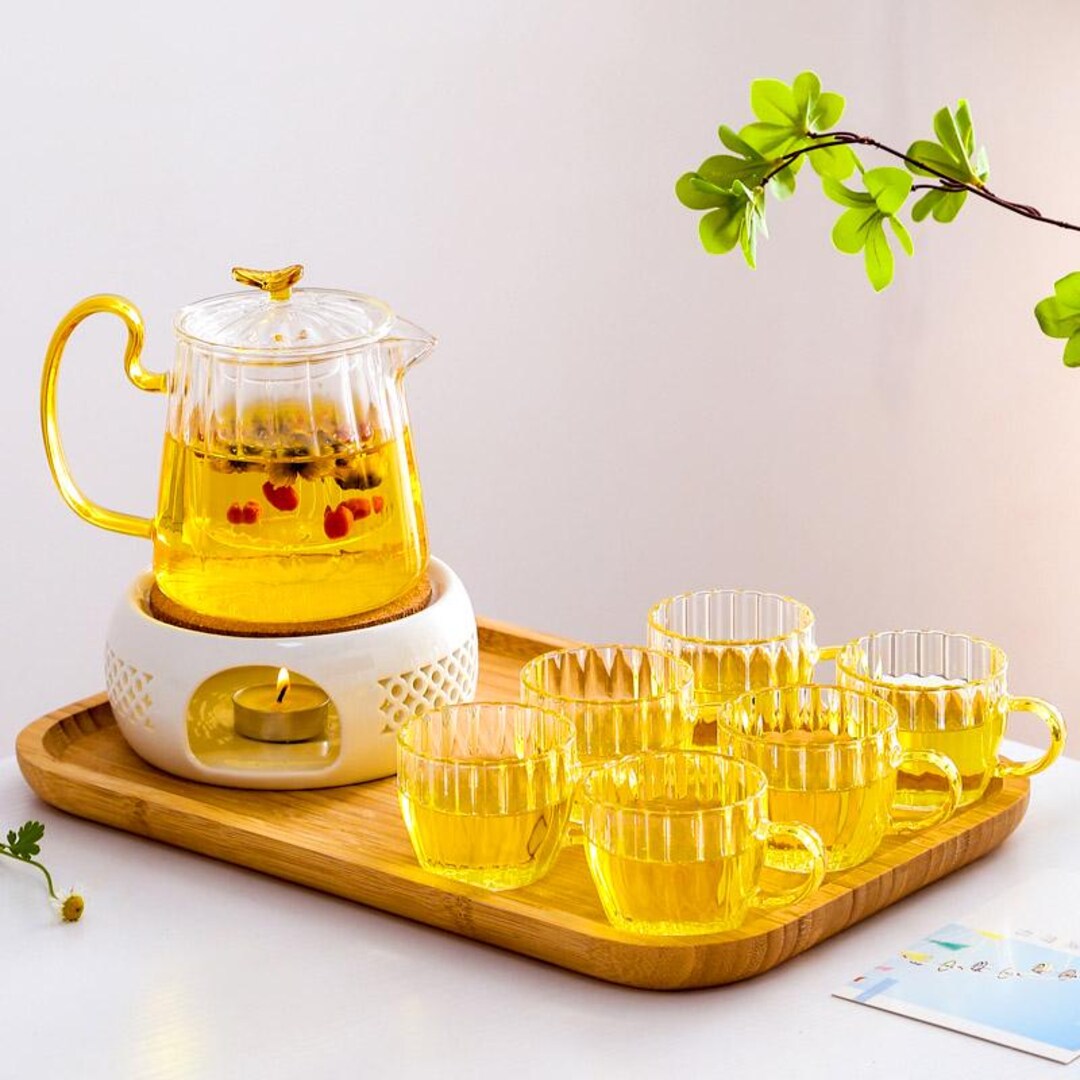 Glass Teapot, Flower Fruit Tea Set, Candle Heated Glass Teapot Teacup ...